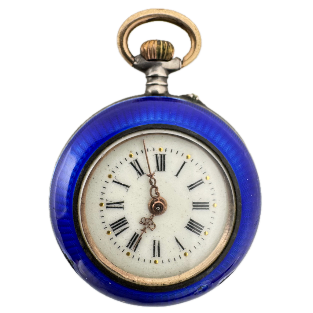 Antique Clover Blue Enamel Cylinder Escapement Pocket Watch Sterling S