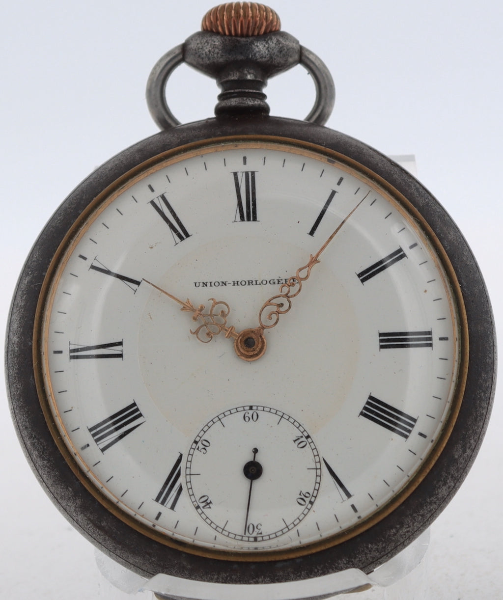 Antique Union-Horlogere Depose Mechanical Pocket Watch w/ Box PVD Swis